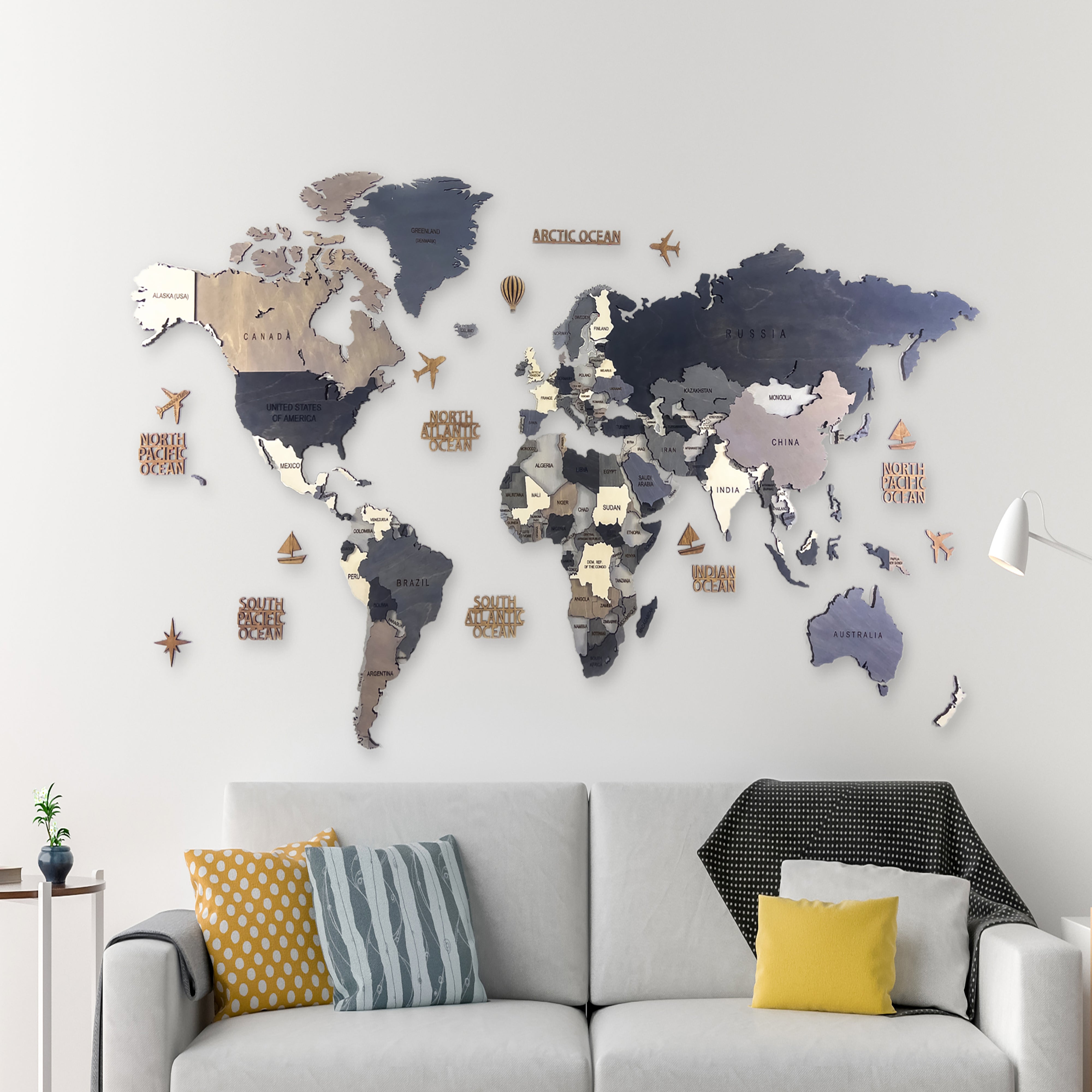 Modern Gray Wooden World Map – Minimal 3D Wall Art – MapofxGlobal